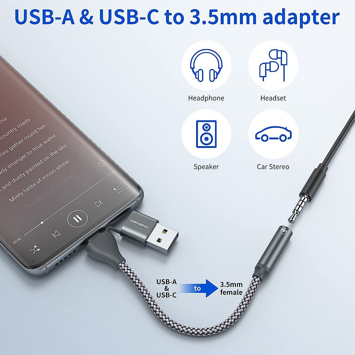 USB to 3.5mm Audio Adapter,2-in-1 USB A/USB Type C to 3.5mm Female Jack Cable Stereo Sound Card for Headphone,Mac,PC,Laptop,Desktops Samsung Galaxy S24 S23,iPhone 16/15 15 Pro Max iPad Pro MacBook