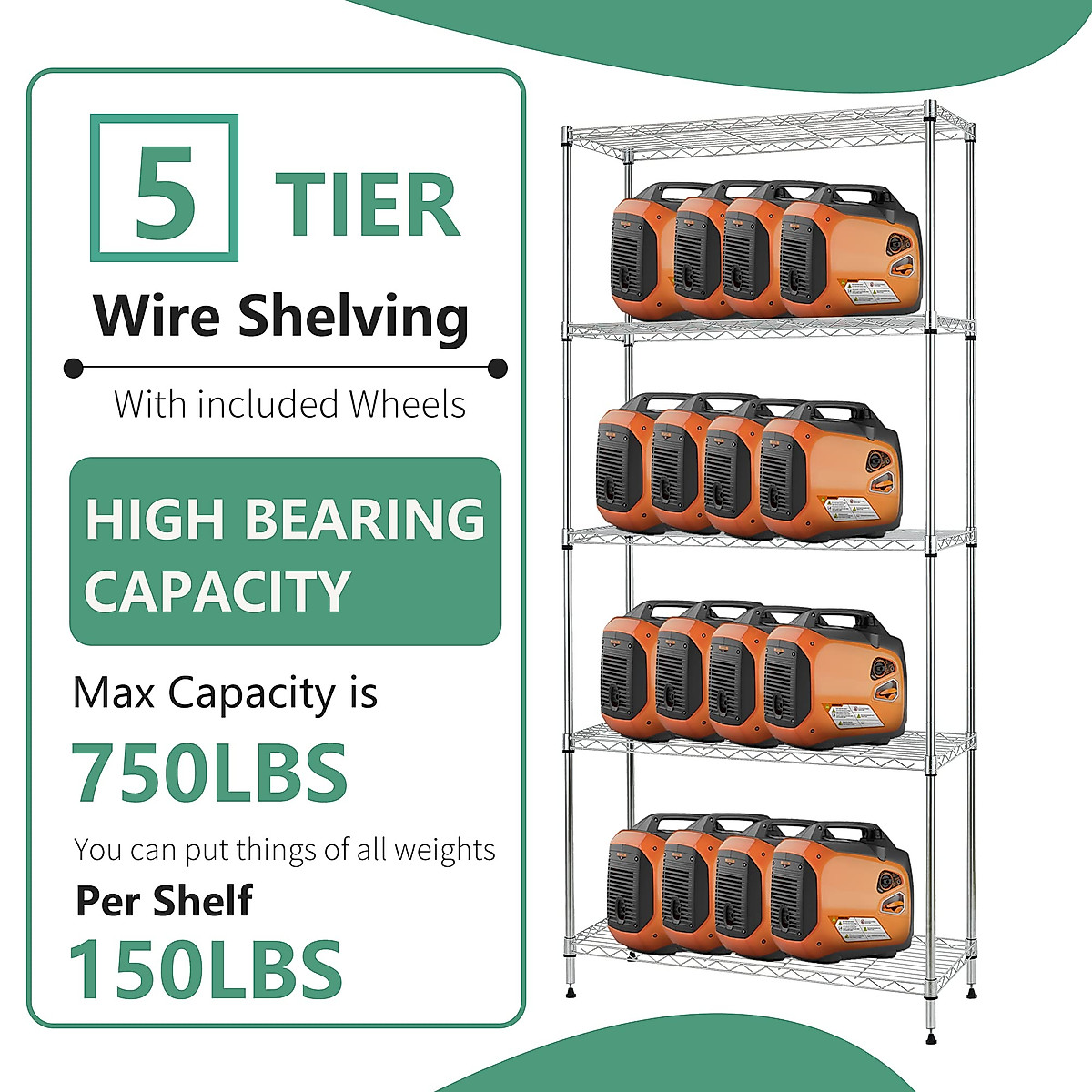 FDW 24" L×14" W×60" H Wire Shelving Unit Metal Shelf with 5 Tier Layer Rack Strong Steel for Restaurant Garage Pantry Kitchen Garage,Chrome