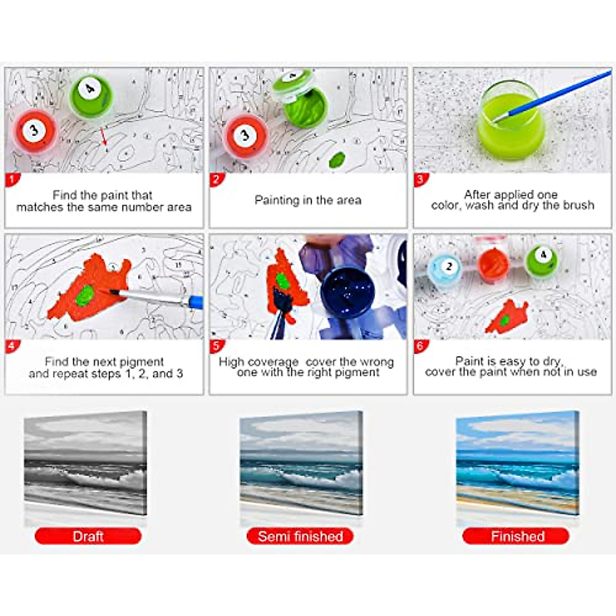 TISHIRON Oil Hand Painting Abstract Blue Ocean Waves DIY Paint by Numbers for Adults Beginner Drawing with Brushes Living Room Bedroom Decor Gifts for Home Decorations 16x20inch