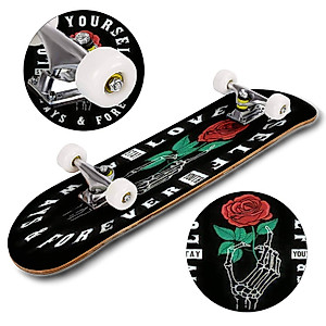 Classic Concave Skateboard Skeleton Hand Holding a red Rose Vector Illustration for t Shirt and Longboard Maple Deck Extreme Sports and Outdoors Double Kick Trick for Beginners and Professionals