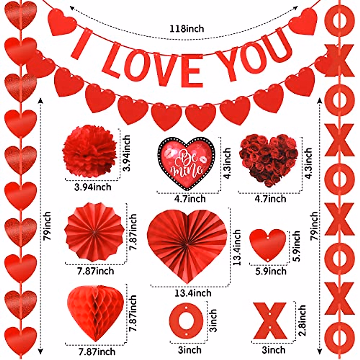 30 Pieces Valentine's Day Decoration Kit I Love You Red Heart XOXO Garland Banner Heart Swirls Tissue Paper Fan Pom Hanging Decor for Home Hotel Engagement Wedding Valentines Party Supplies Set