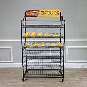 FixtureDisplays® Wide Metal Bakery Display Rack on Wheels, 6 Shelves with Header Holder, 39.5" Wide X 18.5" Deep X 67.8" Black 19399-New-NF