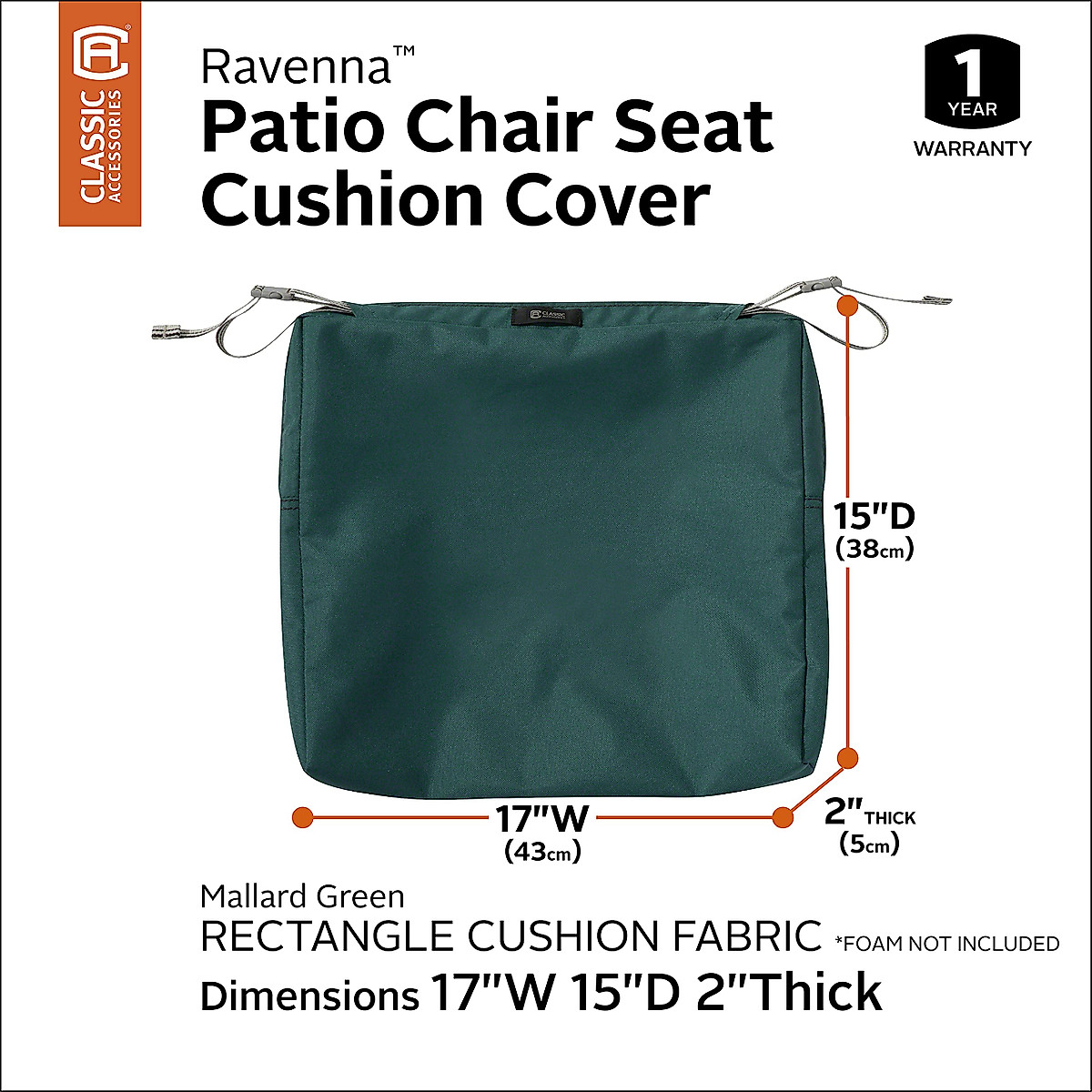 Classic Accessories Ravenna Water-Resistant 17 x 15 x 2 Inch Rectangle Outdoor Seat Cushion Slip Cover, Patio Furniture Chair Cushion Cover, Mallard Green, Patio Furniture Cushion Covers