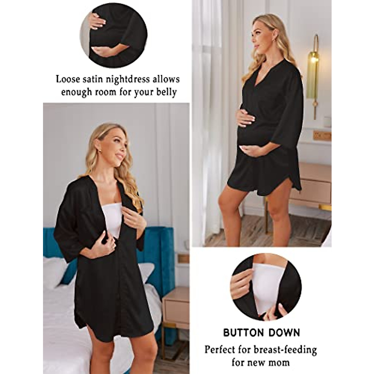 Ekouaer Satin Nightgown for Women Silk Pajamas Button Down Night Shirts Sleepwear Lingerie Nightwear