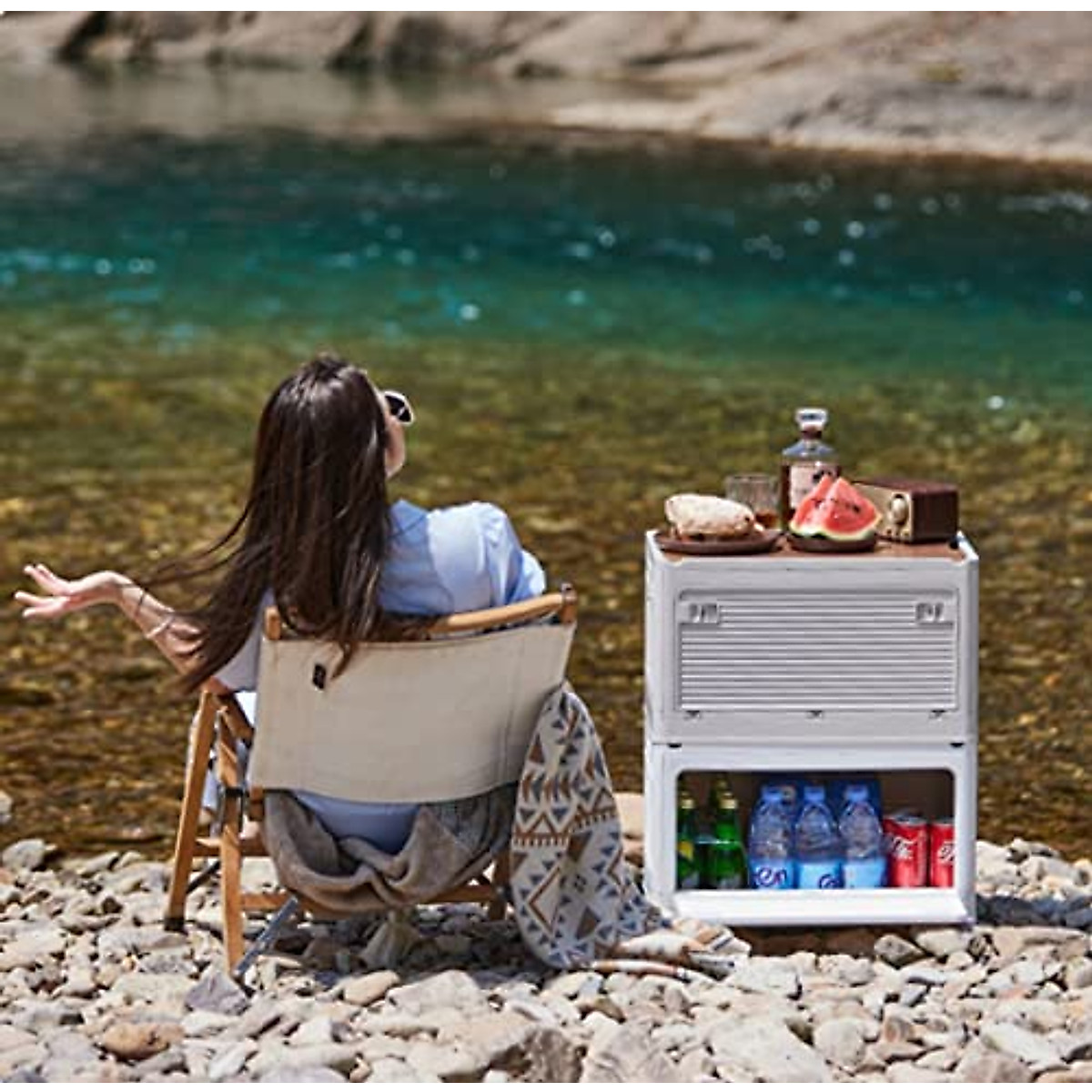 Radefasun Foldable Storage Bins with Wood Lids Plastic Collapsible Storage Box with Cutting Board Portable Stackable Grocery Container Folding Latching Storage Crate with Removable Pulley (L, Khaki)