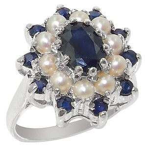 LetsBuyGold 925 Sterling Silver Real Genuine Sapphire and Cultured Pearl Womens Band Ring - Size 7