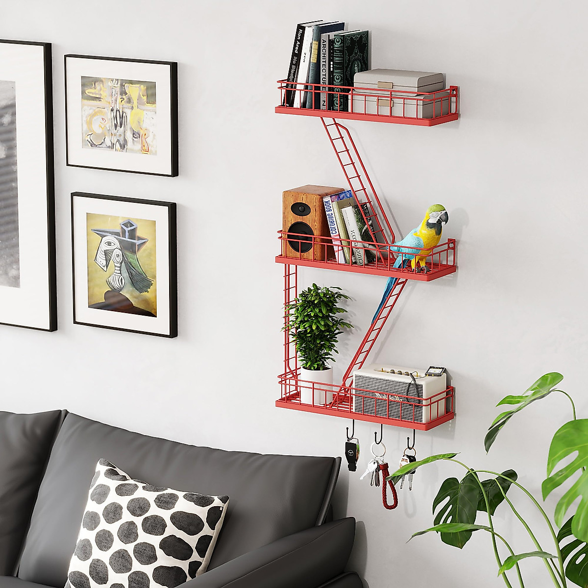 Beskadi Fire Escape Wall Shelf Red, Fire Escape Ladder 3 Story Shelf Wall Storage, New York Inspired Cool Bookshelf Metal Shelves, New York Action Figurine Display Shelf for Bathroom, Living Room.