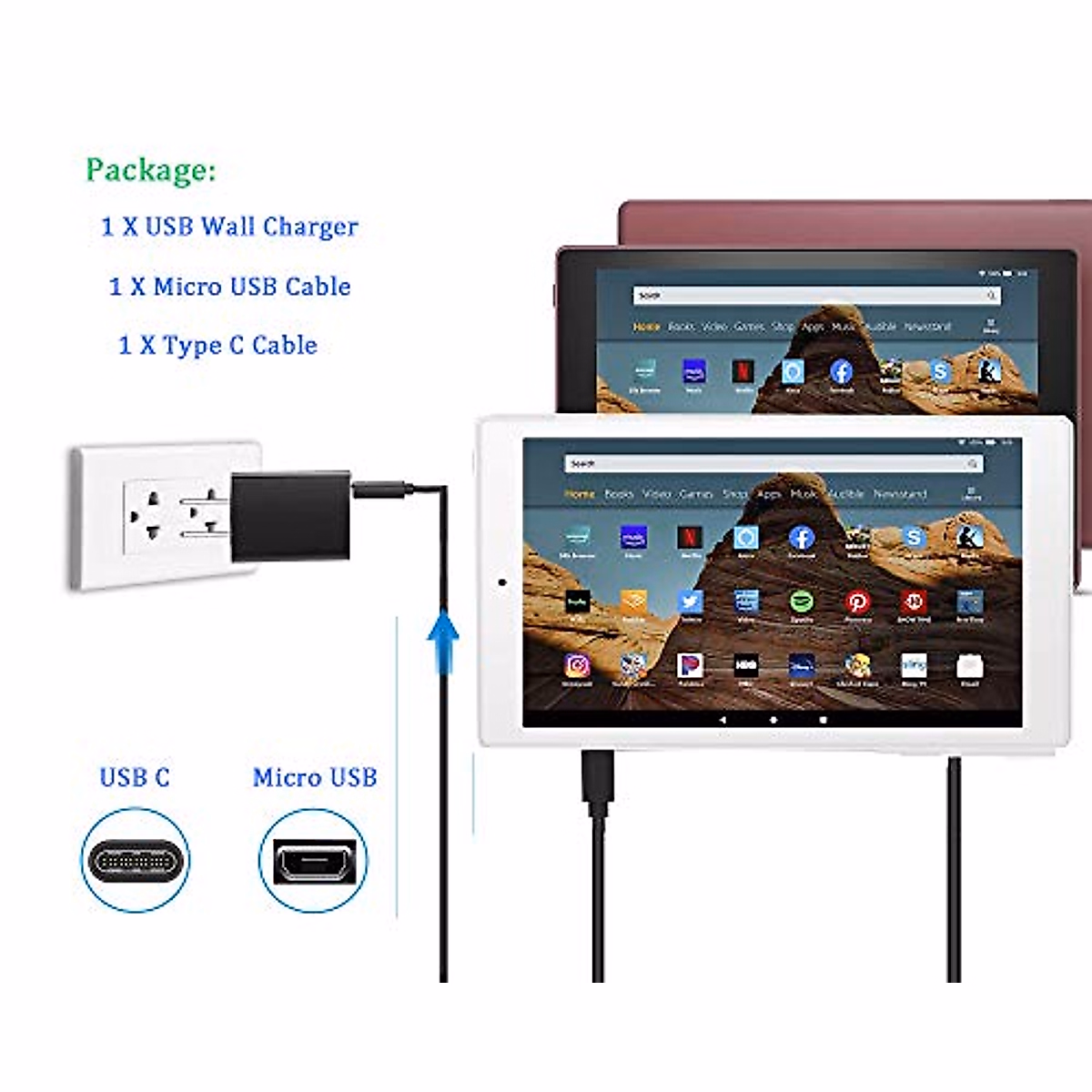 Tablet Fast Charger Include 5Ft USB Type-C&Micro USB Cable for Charging All-New Fire HD 10 and Fire HD 10 Plus,Kids Pro,Kids Edition,All New Fire 10 Tablet