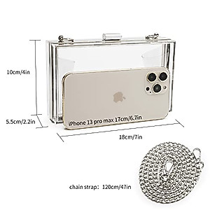 SharPlus Women Cute Clear Purse Acrylic Box Clutch Handbag, Transparent Crossbody Evening Bag Stadium Approved Silver Chain Strap