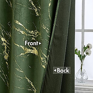 MIULEE Olive Green Velvet Curtains Grommet Thermal Insulated Room Darkening Drape for Classical Living Room Bedroom Decor Bundle Glitter Metallic Marble Pattern Gold Foil Print Curtains 96 Inches Long