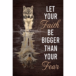Geuuki Wolf let your faith be bigger than your fear Funny Retro Metal Tin Sign Vintage Aluminum Sign for Home garden Coffee Wall Decor 8x12 Inch