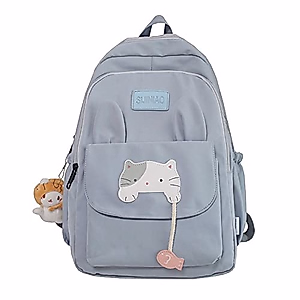 JHTPSLR Kawaii Backpack Japanese Cute Cat School Backpack with Plushies Aesthetic Backpack for Teen Girls Back to School Supplies (Blue)