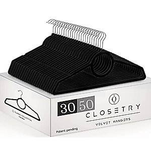 Closetry, Extra Sturdy Hangers, Velvet Hangers, (50/30 Pack) Non-Slip Hanger, Strap Holder Notch, Belt, Tie, and Scarf Loop, Suit Hanger, Dress Hanger, Shirt Hanger, Coat Hanger, Black/Ivory,