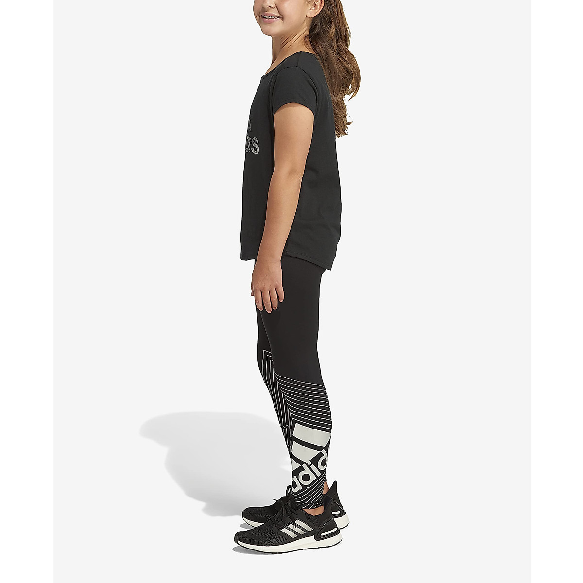 adidas girls Glam Graphic Tights Pants, Black With Silver, Large US