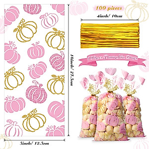 100 Pcs Little Pumpkin Bags Fall Cellophane Bags Plastic Pumpkin Candy Bags Pumpkin Cello Bags Goodie Treat Bags with Gold Twist Ties for Autumn Theme Party Supplies Thanksgiving Party Decorations