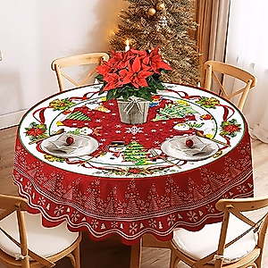 Round Christmas Tablecloth, Christmas Poinsettia Table Cloth Round 70 Inch, Christmas Tree Snowman Table Cloths with Gnomes Santa Claus Circle Table Cover Holiday Decor Gifts for Dining Room Indoor