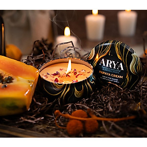 Arya Smoke Eliminator Candle with Flower 100% Soy Wax 50 Hours Burn Time Odor Eliminating High Fragrance Concentration Candle Tin Reusable Jar - 8oz (Papaya Cream)