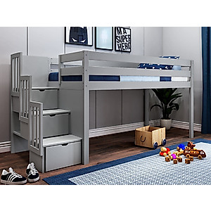 JACKPOT! Contemporary Low Loft Twin Bed with a 3 Drawer Stairway, Gray with Gray & White Tent