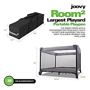 Joovy Room² Large Portable Playpen for Babies and Toddlers with Nearly 10 sq ft of Space, Large Mesh Windows for 360 View, and Waterproof Mattress Sheet - Folds Easily when Not in Use (Charcoal)