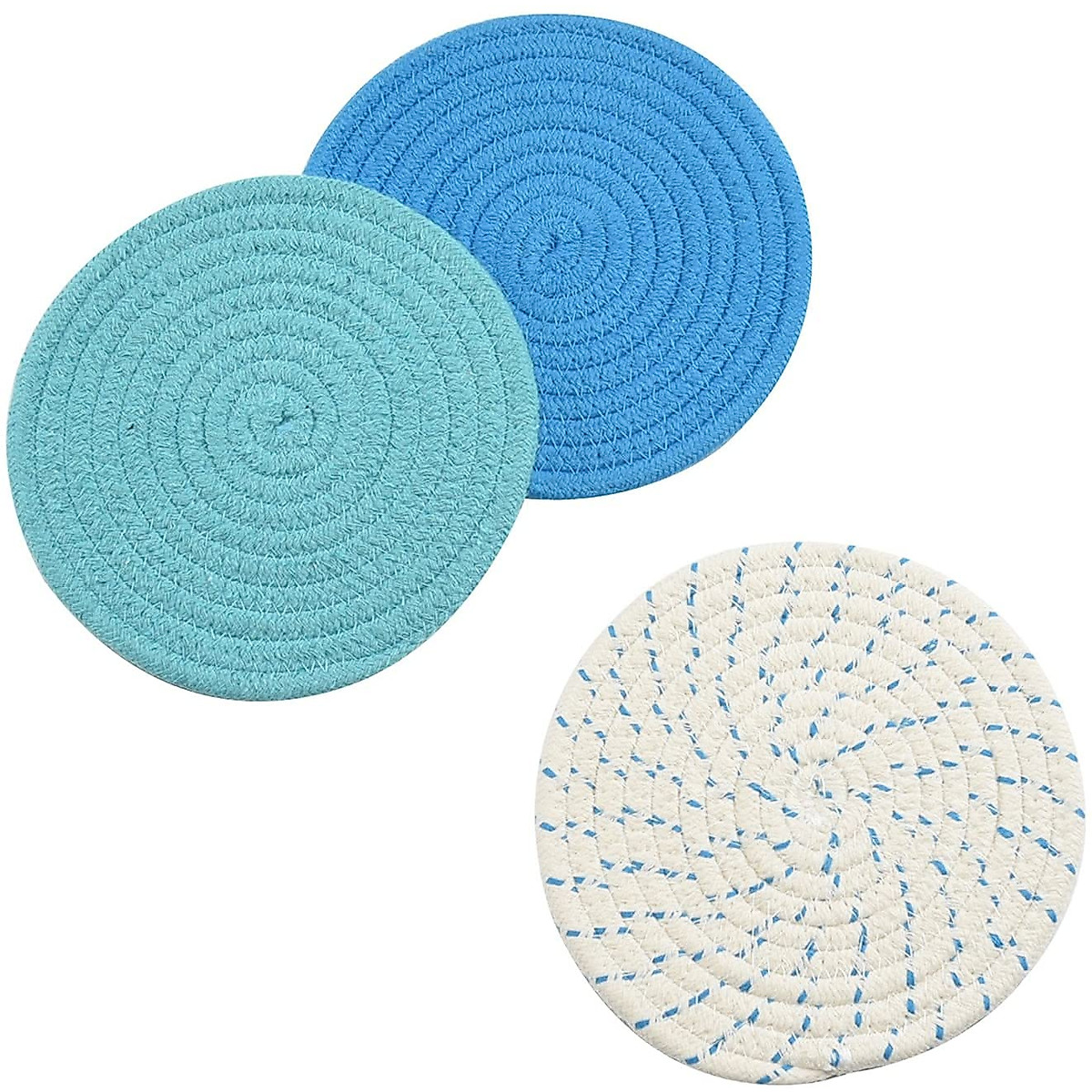 Kitchen Pot Holders Set Trivets Set 100% Pure Cotton Thread Weave Hot Pot Holders Set (Set of 3) Stylish Coasters, Hot Pads, Hot Mats, Spoon Rest for Cooking and Baking by Diameter 7 Inches (Blue)