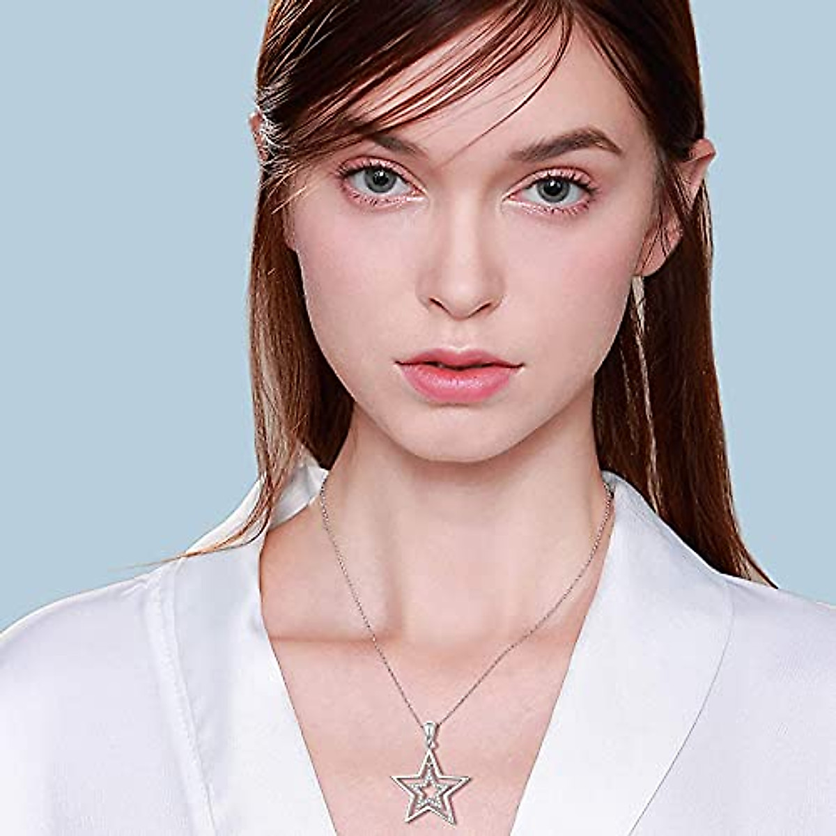 Alphm S925 Sterling Silver Double Stars Necklace Pentagram Pendant Jewelry for Women