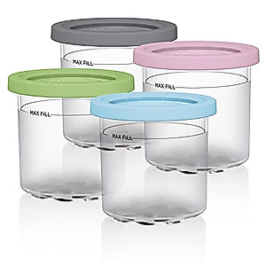 Ninja XSKPLD4BCD Pints 4 Pack, Compatible with NC299AMZ & NC300s Series Creami Ice Cream Makers, BPA-Free & Dishwasher Safe, Color Lids, 1, Clear/Grey/Lime/Pink/Acqua