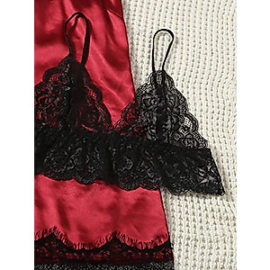 WDIRARA Women's 5 Pieces Satin Sleepwear Lace Trim Pajama Sets with Belted Robe Multicolored L