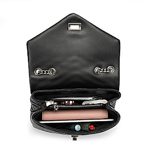 EvaLuLu Leather Quilted Chain Shoulder Bag Designer Women Flap Handbags (Medium, Black)