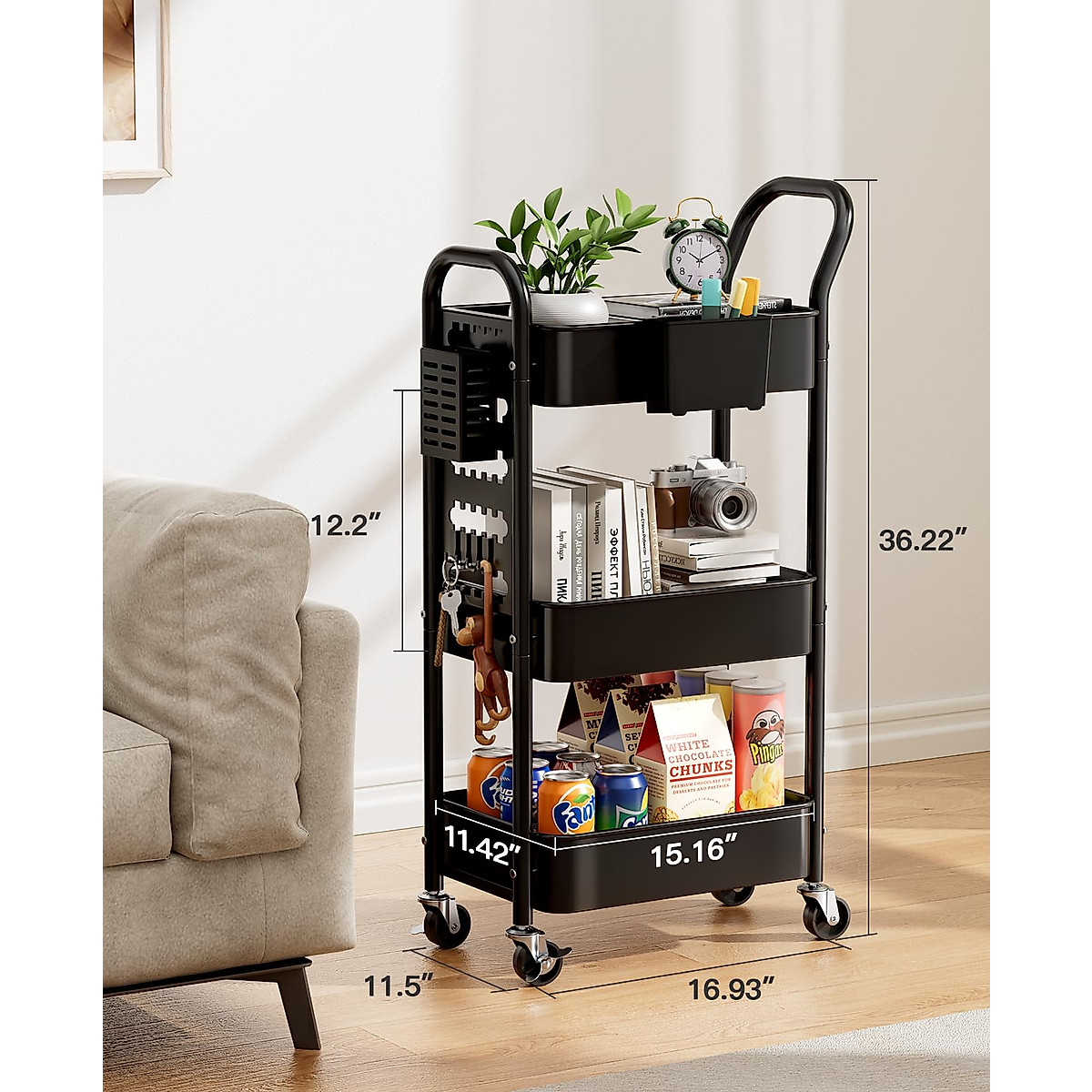 Pipishell 3-Tier Rolling Cart, Metal Utility Cart with Pegboard, Lockable Wheels & U-Shaped Handle, Storage Cart with 2 Hanging Cups & 4 Hooks for Living Room, Bedroom, Kitchen, Office (Black)