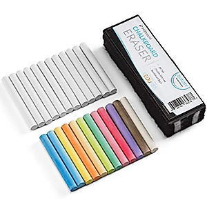 Kedudes Non-Toxic Dustless Chalk with Eraser (24 pack) - 12 Colored Chalk + 12 White Chalkboard Chalk and Chalk Board Eraser for Teachers, Sidewalk Chalk for Kids, Outdoor Chalk, School Supplies Chalk