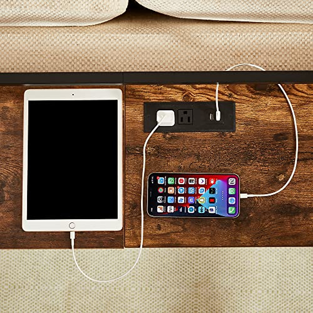 VECELO Couch Side & Console Table with 2 Outlets and USB Ports, 70.9 Inches, Brown