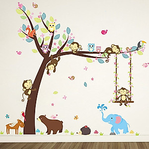 ElecMotive Cartoon Forest Animal Monkey Owls Hedgehog Tree Swing Nursery Stickers Murals DIY Posters Vinyl Removable Art Wall Decals for Kids Girls Room Decoration (Bear Elephant)