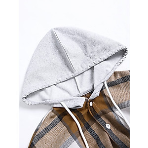 OYOANGLE Men's Casual Plaid Flannel Jacket with Hoodie Long Sleeve Button Down Shirt Brown Check L