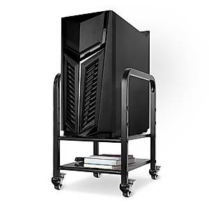 Computer Tower Stand, 360Tronics Adjustable Desktop ATX-Case CPU Holder, 2-Tier PC Rolling Stand Mobile Steel Desktop Case Stand Cart with 4 Locking Wheels for Office Home, Black