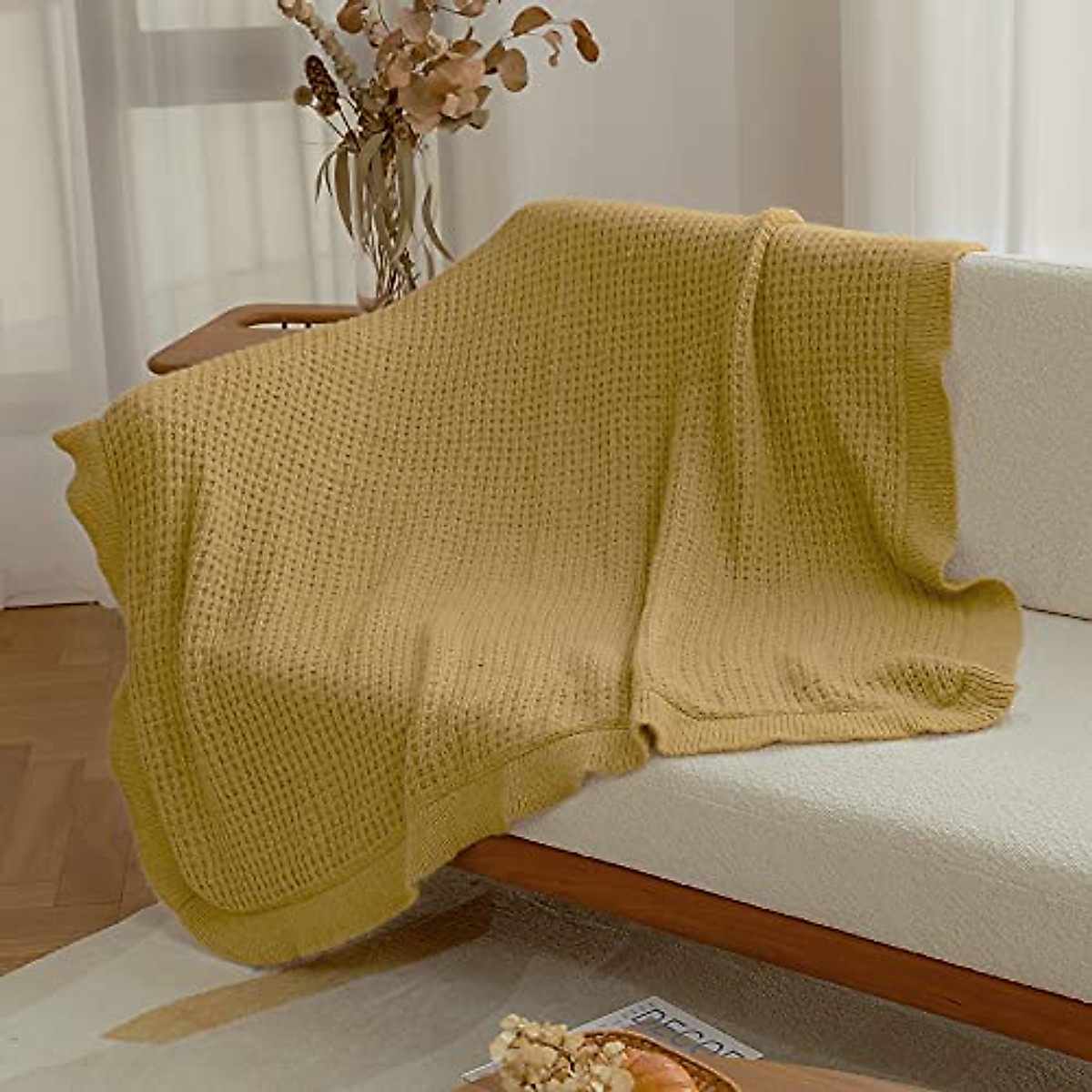 Amélie Home Soft Cozy Waffle Knit Throw Blanket with Ruffled Fringe, Decorative Lightweight Knitted Throw Blankets for Couch Bed Sofa (Yellow, 50'' x 60'')
