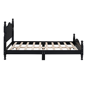 Harper & Bright Designs Full Size Platform Bed with Headboard, Retro Style Full Size Bed Frame, Full Wood Bed Frame with Slat Support for Bedroom, No Box Spring Needed (Black)