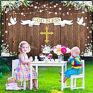 God Bless Baptism Backdrop First Holy Communion Party Decorations Christening Ceremony Newborn Baby Shower Banner Rustic Wood White Floral Ribbon Photography Background Decor Supplies 71 x 43 Inch