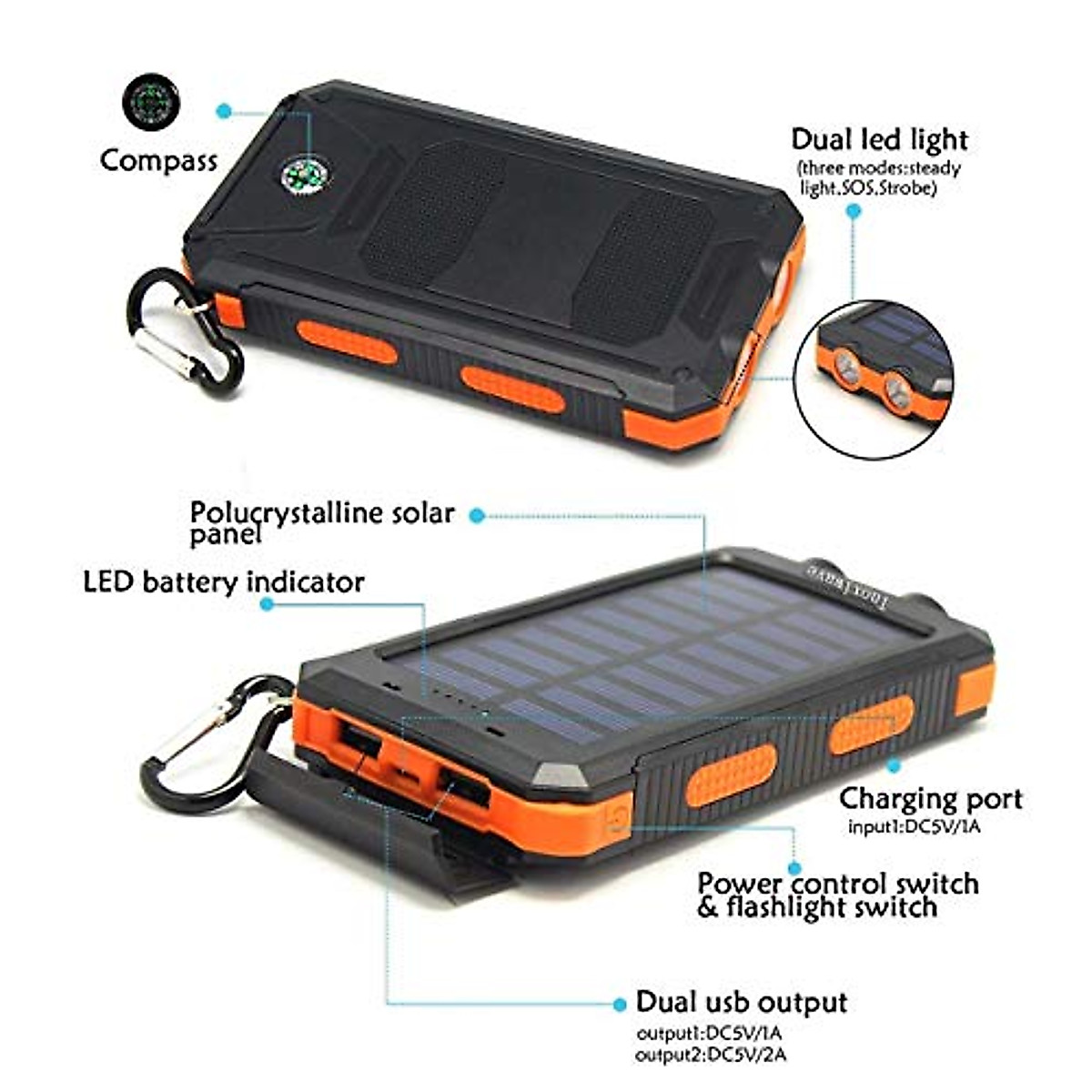 Solar Charger Power Bank 20000mAh Waterproof Portable External Backup Battery Charger Built-in Dual USB/Flashlight and Compass for All Cell Phone and Electronic Devices(Black & Orange)