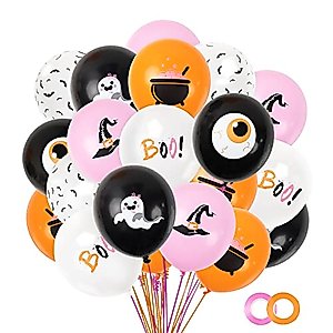 60Pcs Halloween Balloons Set- 12" Halloween Pink Orange Black White Latex Balloons Print with Ghost Boo Bat Witch Hat for Halloween Baby Shower Kids Halloween Birthday Party Favor Decor Supplies