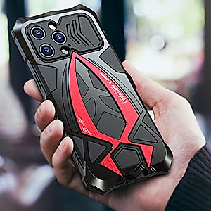 KumWum Armor Phone Case for iPhone 14 Pro Max Military Grade Cover 360 Full Protection Heavy Duty Hybrid Metal Bumper Built-in Silicone Shockproof with Screen Protector - Black + Red