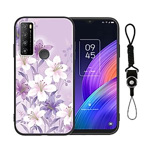 Nuouxoco Phone Case for TCL 30 XL (T701DL) with Lanyard Strap, for TCL TCL 30 XL Case (6.82 inch) Girls Women Cute Slim Shockproof Protective Cover Case for TCL 30 XL - Purple Flower