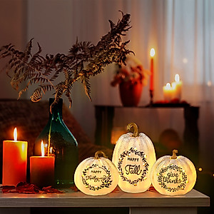 Fovths 3 Pack Happy Fall White Pumpkin Light Tabletop Decor Set Pumpkin Resin with LED Light Autumn Tabletopper Decorations for Fall Harvest Thanksgiving Party Home Table Decorations