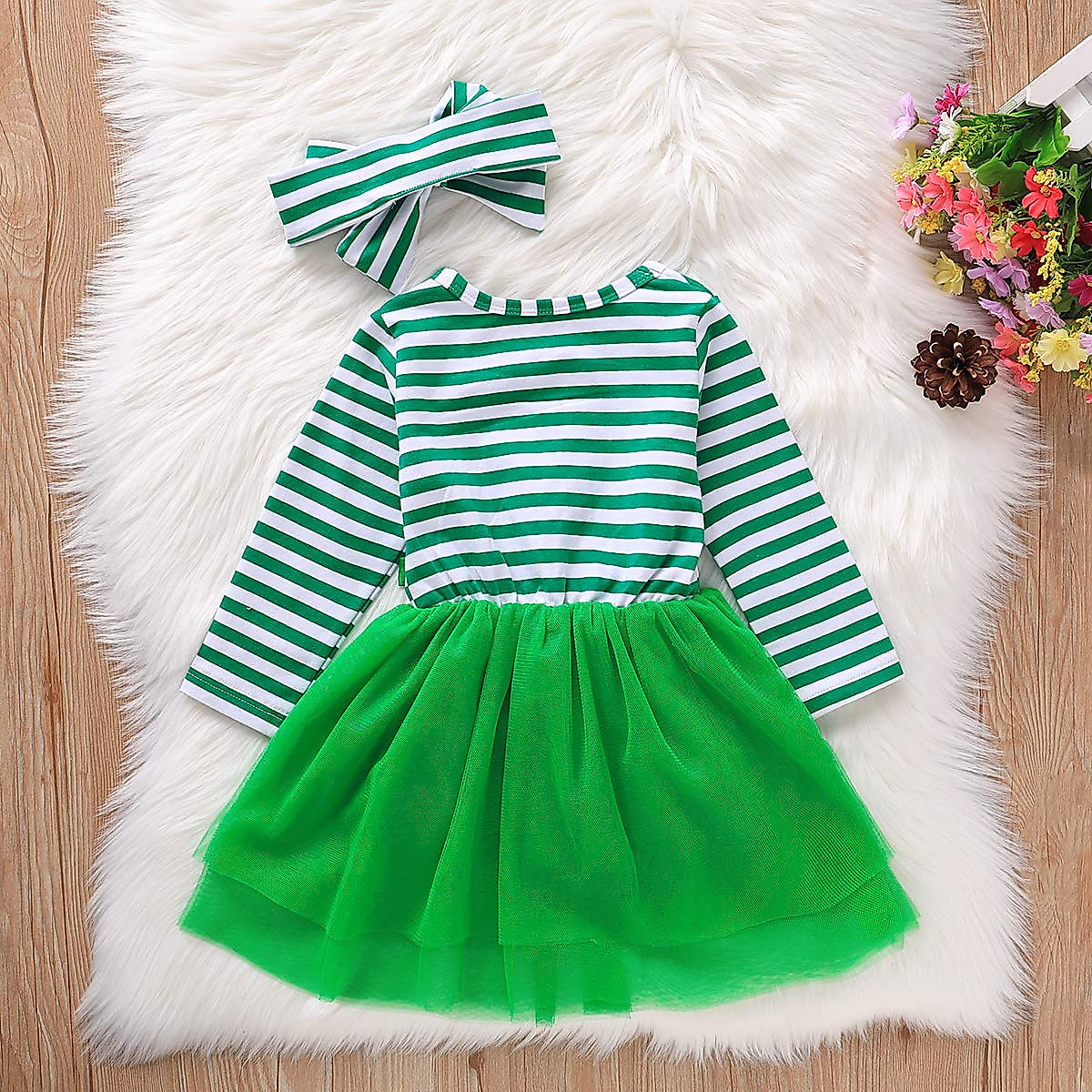 St. Patrick´s Day Toddler Girl Outfit Clover Long Sleeves Dress Clothes + Headband (Green, 4-5T)