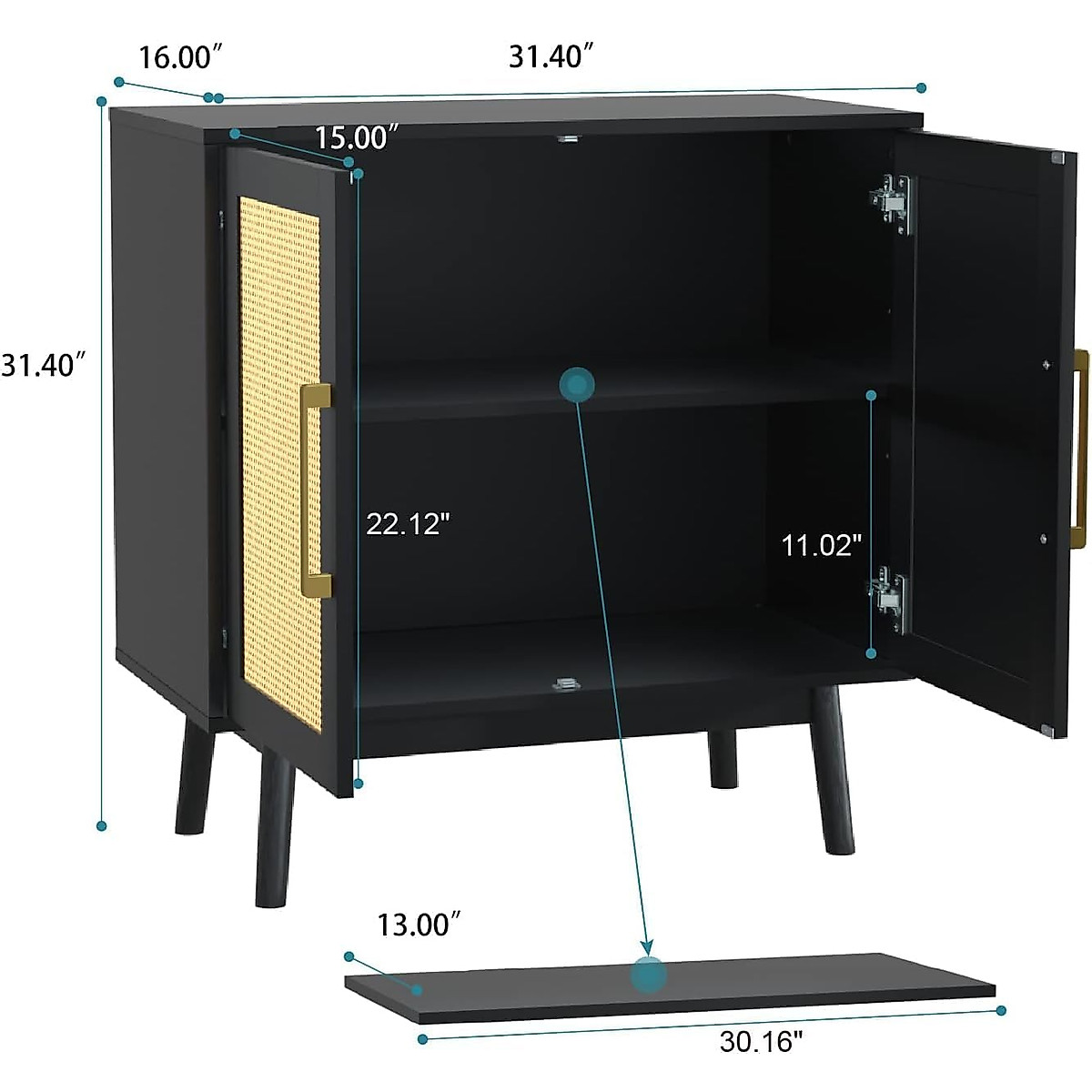 LYNSOM Rattan Storage Cabinet with Doors and Shelves, Natural Rattan Sideboard and Buffet with Storage, Free Standing Accent Cabinet for Entryway, Living Room, Office, Black