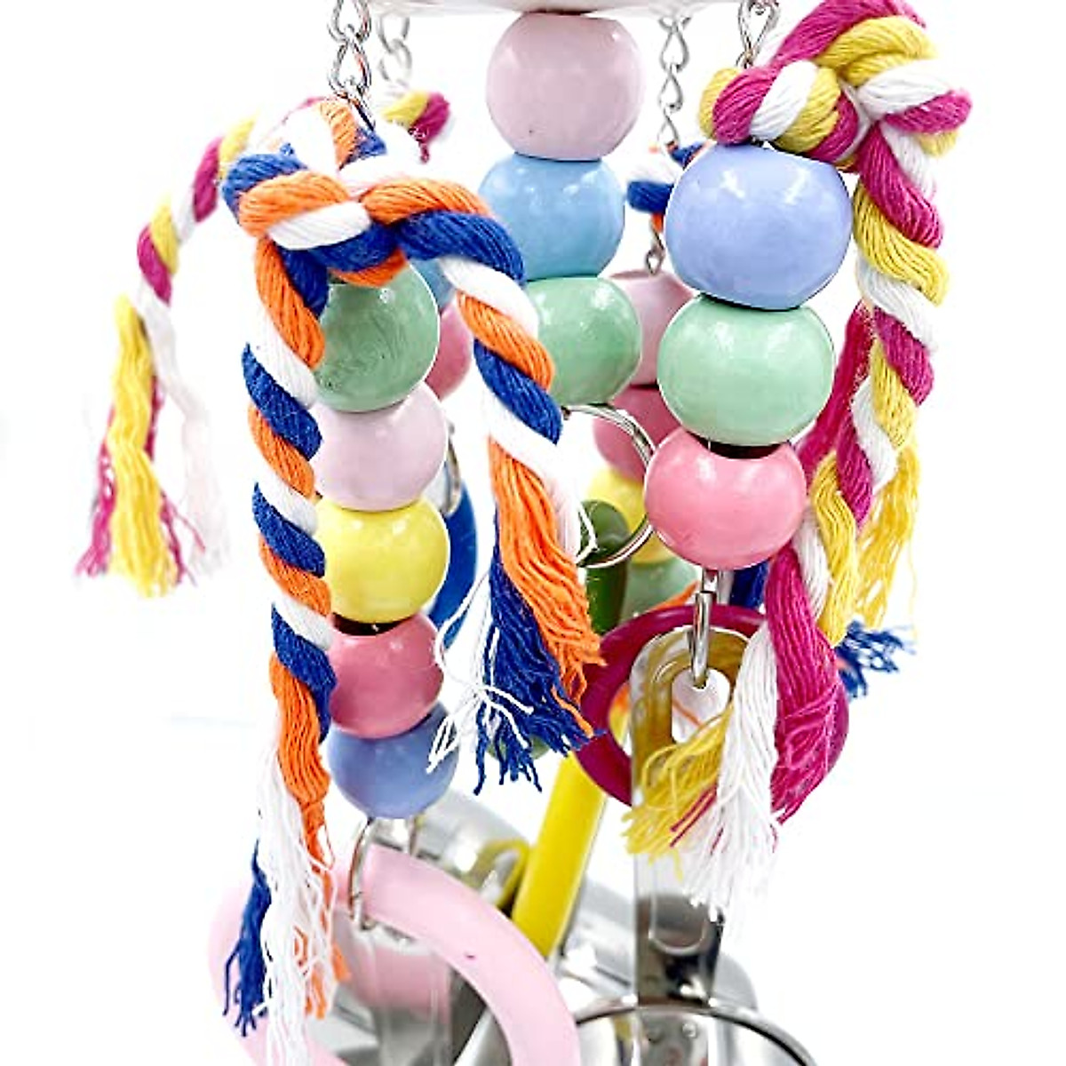 GILYGI Bird Parrots Pullable Stainless Steel Pots Toys, Bird Foraging Toys with Colorful Rope and Wooden Beads Rings for Small and Medium Parrot Bird