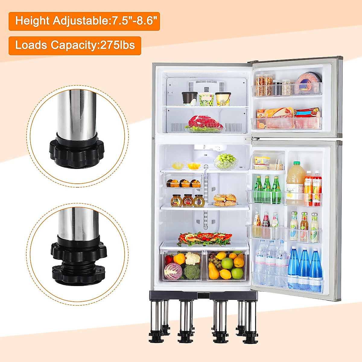 PATIKIL Mini Fridge Stand, 8 Strong Feet Laundry Stand Base Multi-Functional Adjustable Base Tray Anti-Vibration for Refrigerator Washing Machine Dryer AC, 7.5"-8.6" Height, 2Pack