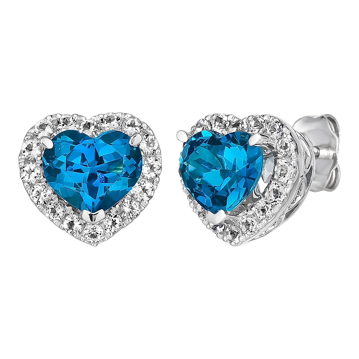 LE VIAN 3 2/3 Carat Blue and White Topaz Heart Halo Stud Earrings for Women in 14k White Gold with Push Back