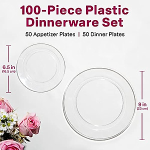 Aya's 100 Clear Plastic Plates Disposable, Premium Heavy-Duty Plastic Plates - 50 Plastic Dinner Plates 9" + 50 Salad, Dessert, Appetizer Plates 6.25" for Weddings - Disposable Clear Plates for Party