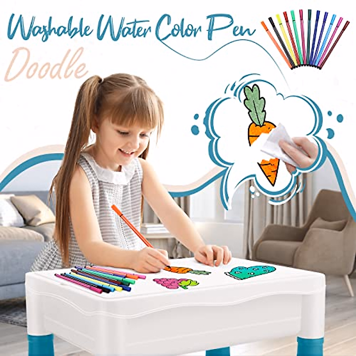 ROGALALY Kids Activity Table Set, All-in-One Multi Activity Table with Storage, 105pcs Building Blocks Table Compatible with Classic Bricks, Craft Learn Play Water Sand Table for Boys Girls