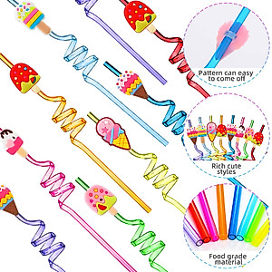 24 Pieces Reusable Ice Cream Straws Plastic Ice Cream Drinking Straws Cute Crazy Straws Ice Cream Party Favors for Kids Birthday Party 8 Styles, 8 Colors